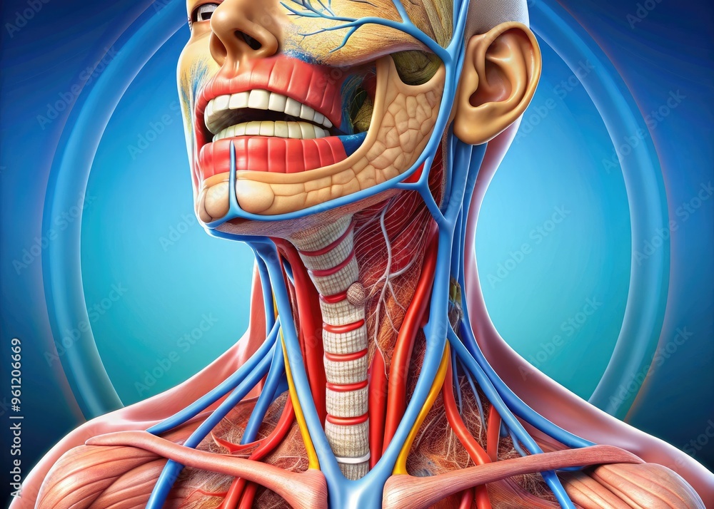 Illustrated anatomical diagram of the human throat, showcasing detailed ...