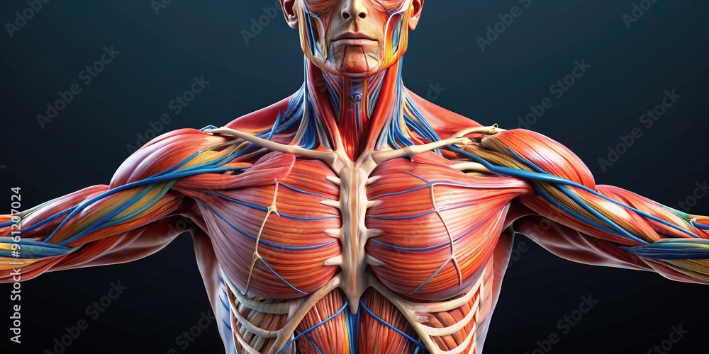Illustrated detailed anatomy of the upper body showcasing muscles ...