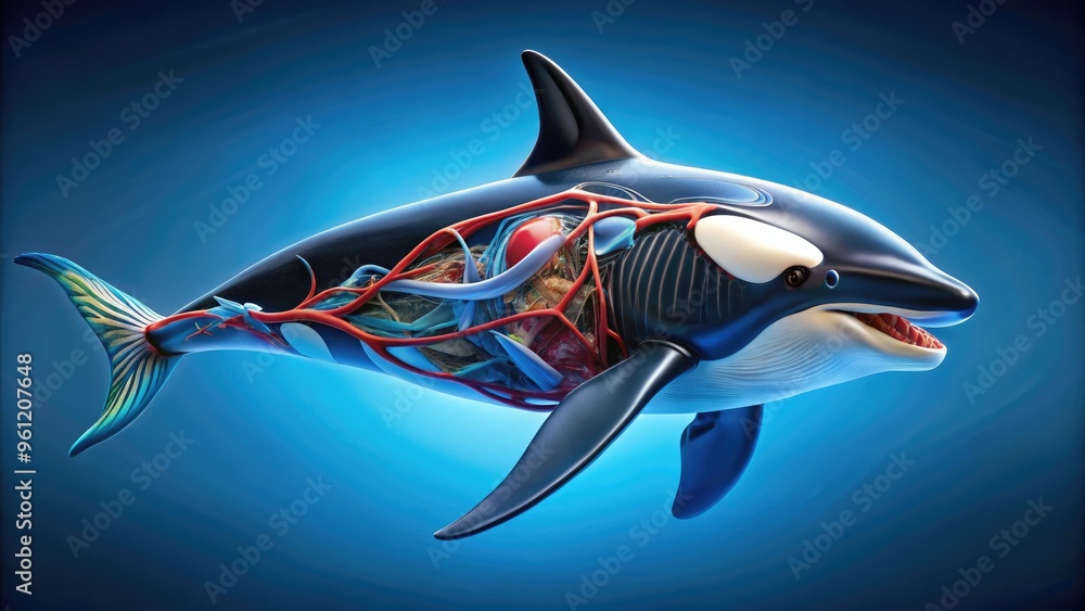 Illustration of an orca's internal anatomy, showcasing its skeletal ...