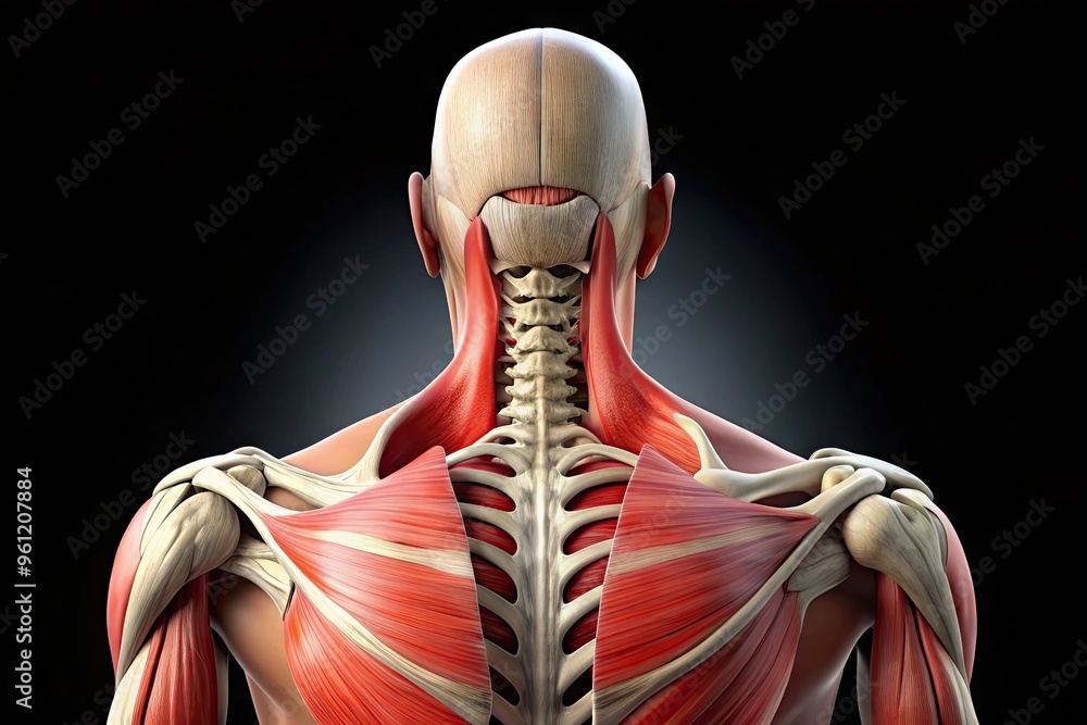 Illustration of the trapezius muscle anatomy, showcasing its triangular ...