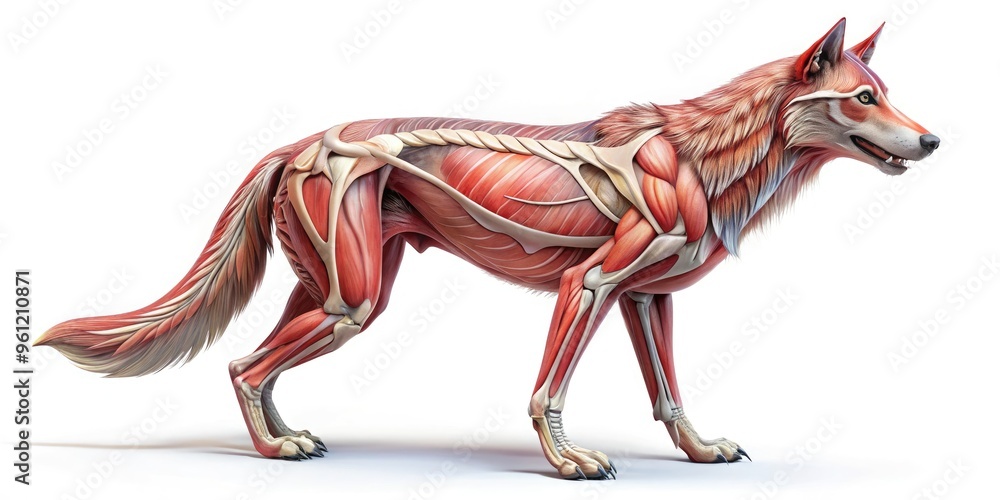 Intricately detailed illustration of a wolf's skeletal and muscular ...
