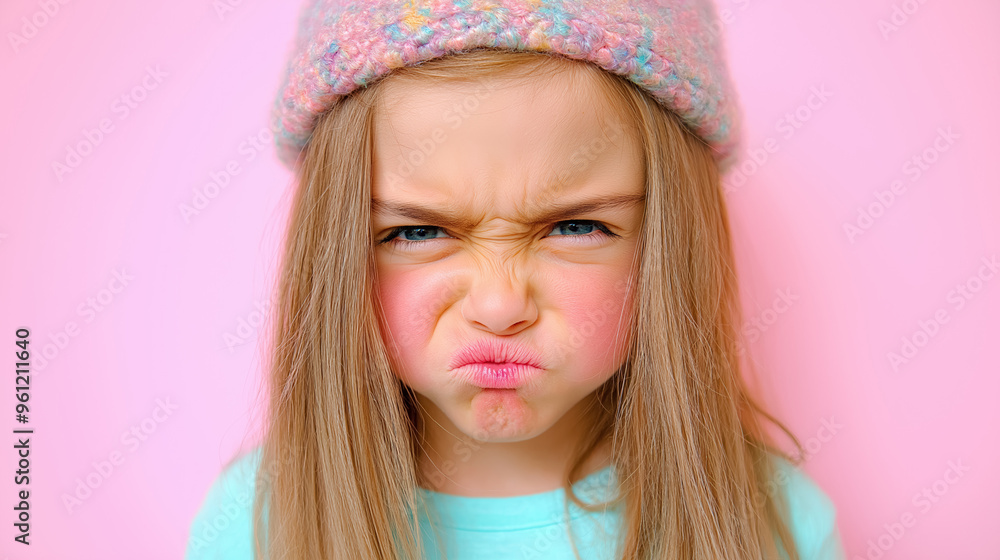 Little girl making an exaggerated angry face, scrunching her nose and ...