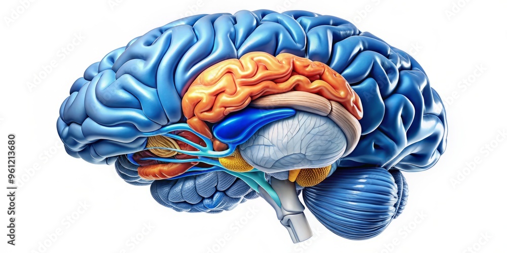 Color illustration of the human brain with different regions ...