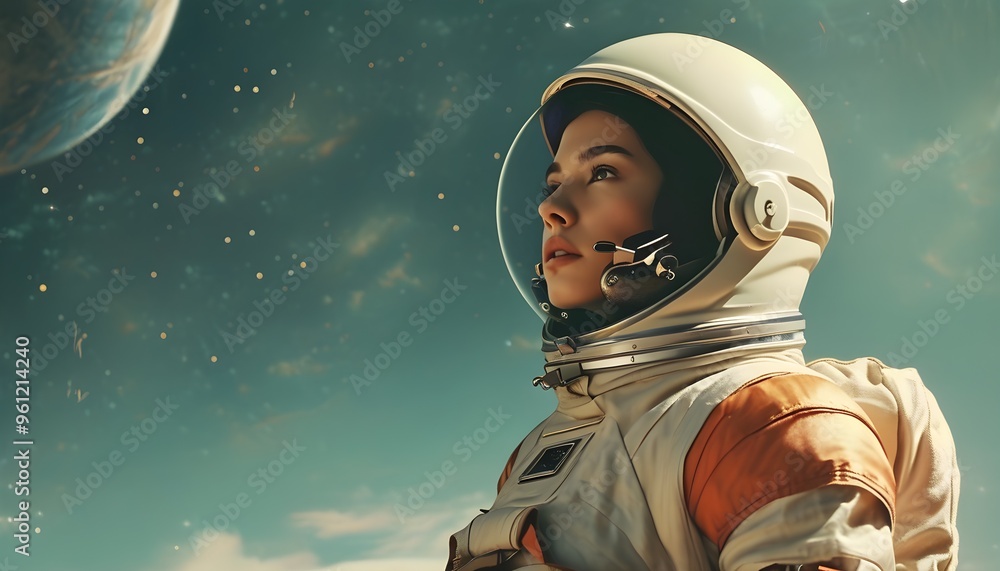 Vintage-inspired woman in ancient spacesuit exploring the cosmos ...