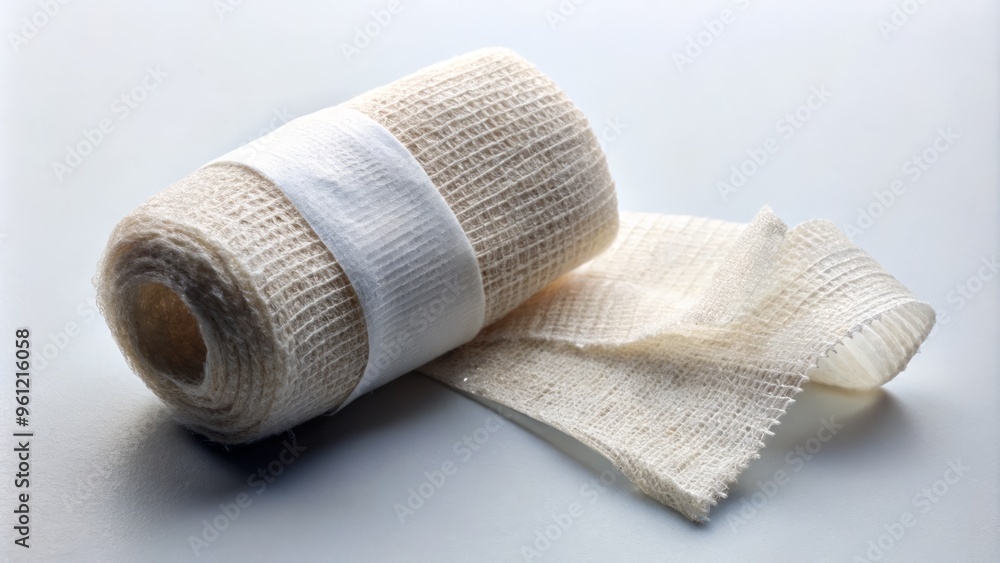 Crinkled white triangular bandage wrapped tightly around a makeshift ...
