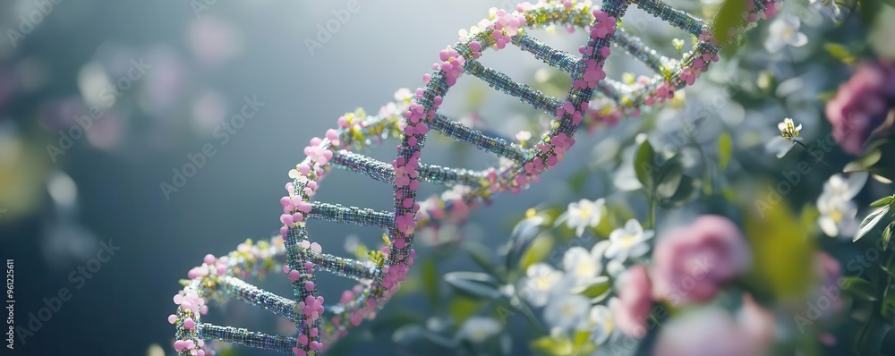 Floral DNA strand, blooming helix, side view, illustrating the growth ...