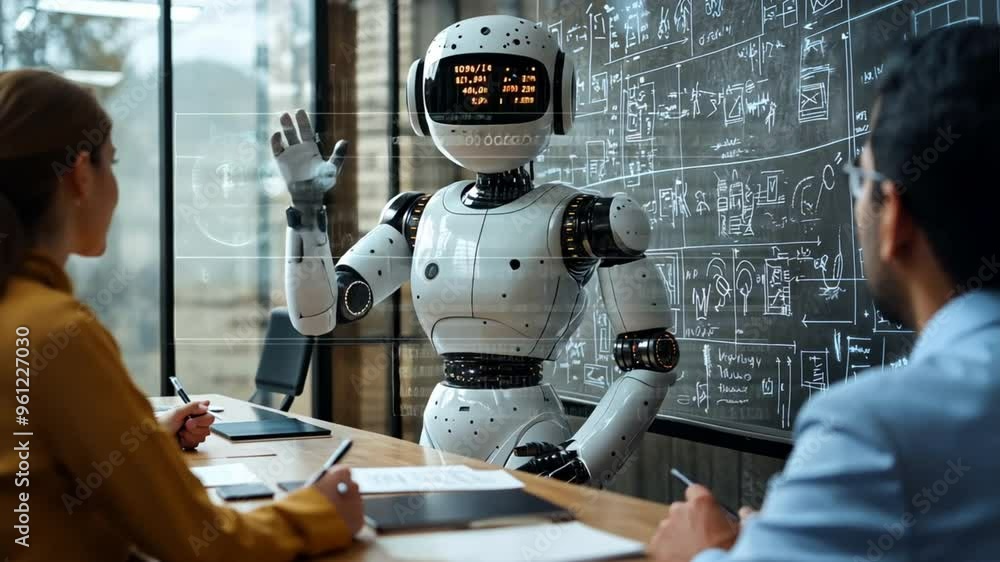 A futuristic scene depicting a black cyborg worker in an office and a ...