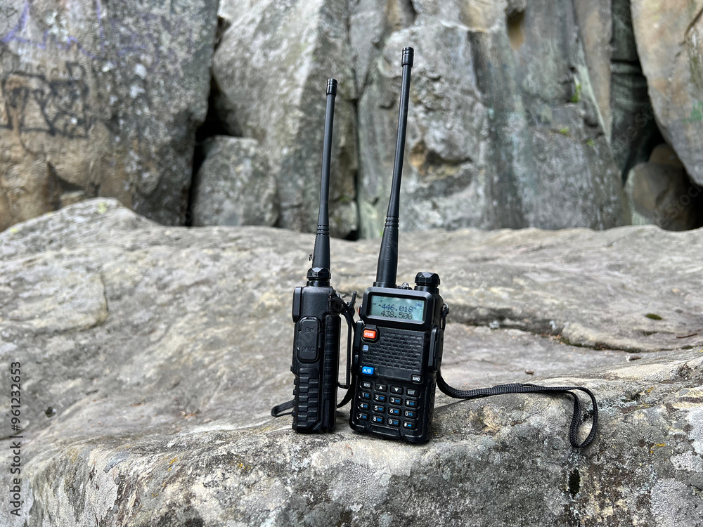 Walkie talkies on the rocky background. Concept of wireless ...