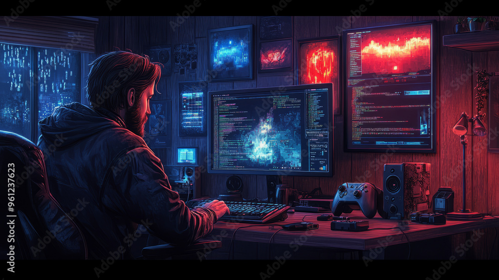 A programmer coding a video game in a dimly lit room, multiple screens displaying game ...