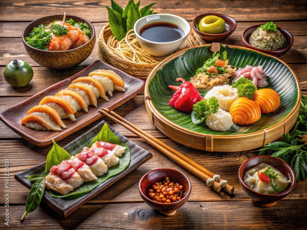 Vibrant arrangement of authentic Japanese delicacies, including sashimi ...