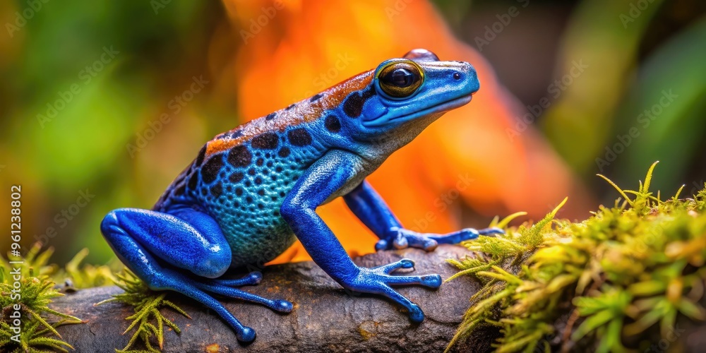 Vibrant blue poison arrow frog perches on a moss-covered branch, its ...