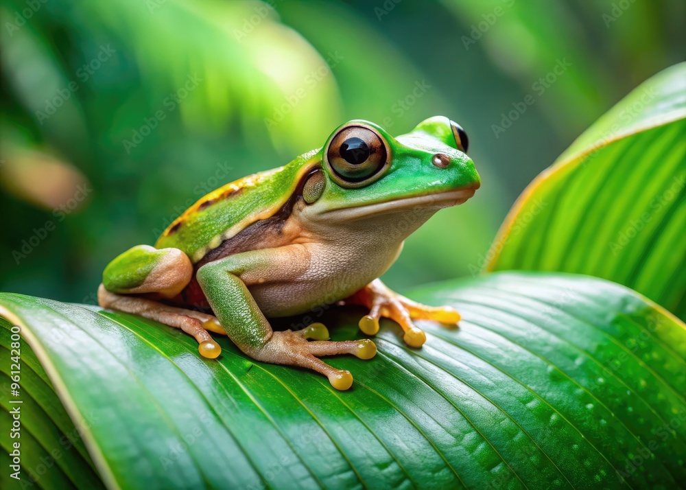 Vibrant green coqui frog with unique markings perches on a lush leaf in ...