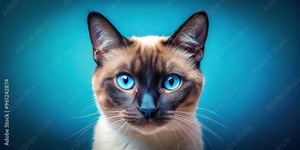 Dramatic, high-key image of a Siamese cat's face, with bold, graphic markings and piercing blue ...