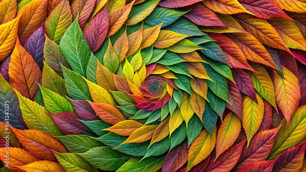 From a bird's-eye view, a whirlwind of colorful leaves forms a dynamic ...