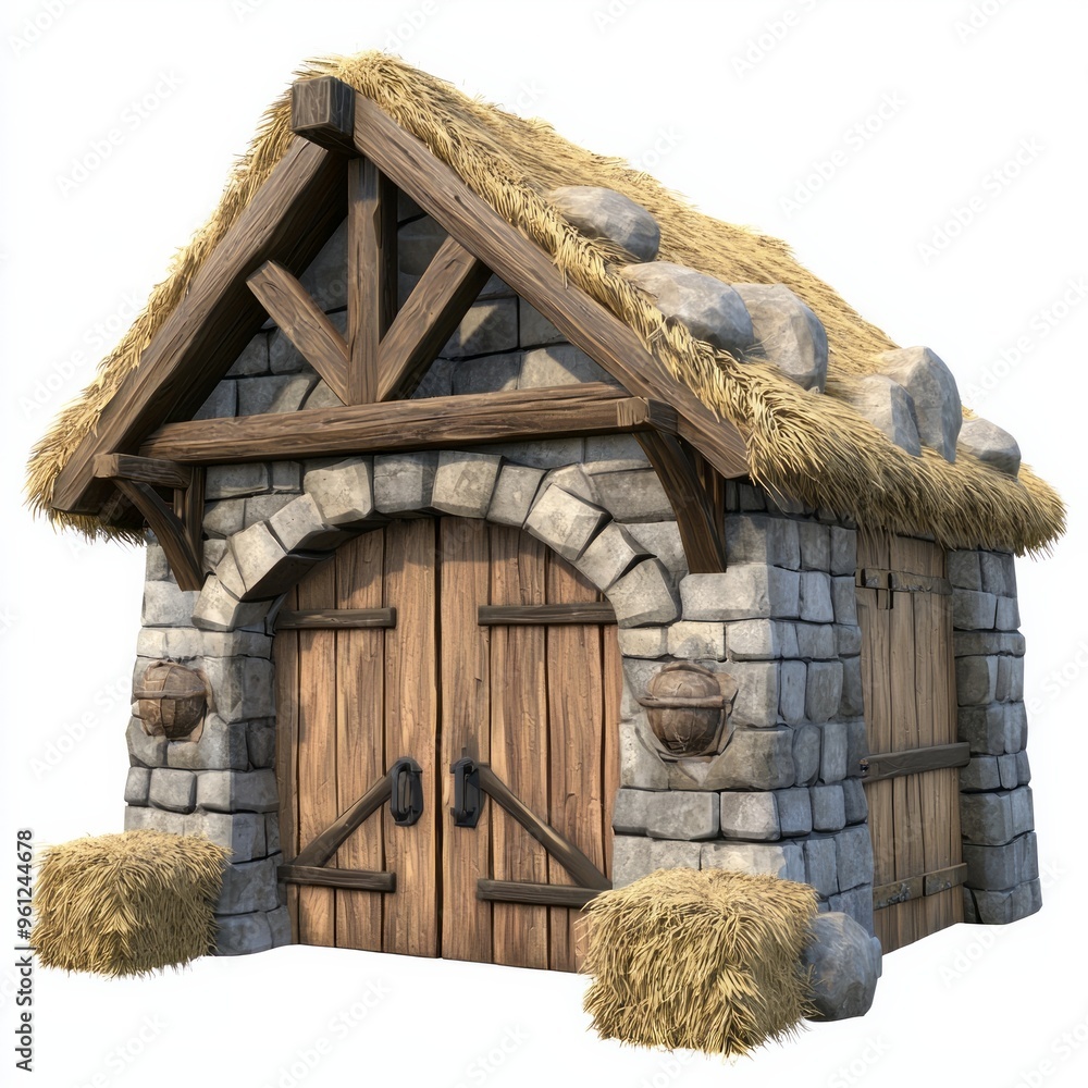 3D Render of a medieval stables with hay bales and wooden doors, on ...
