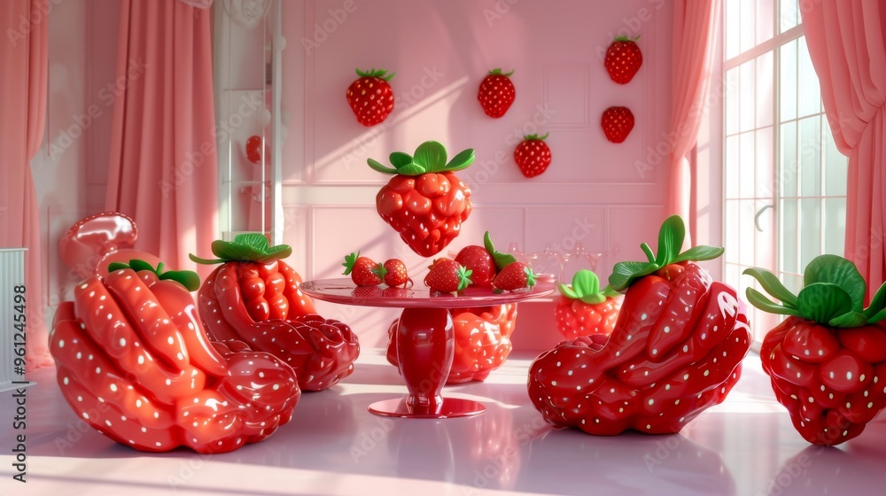 Bright and cheerful living room with oversized strawberry-shaped chairs ...