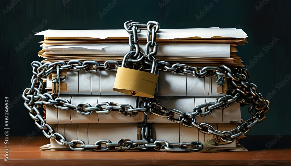 Secured documents bound and locked, symbolizing confidentiality and restricted access in a ...