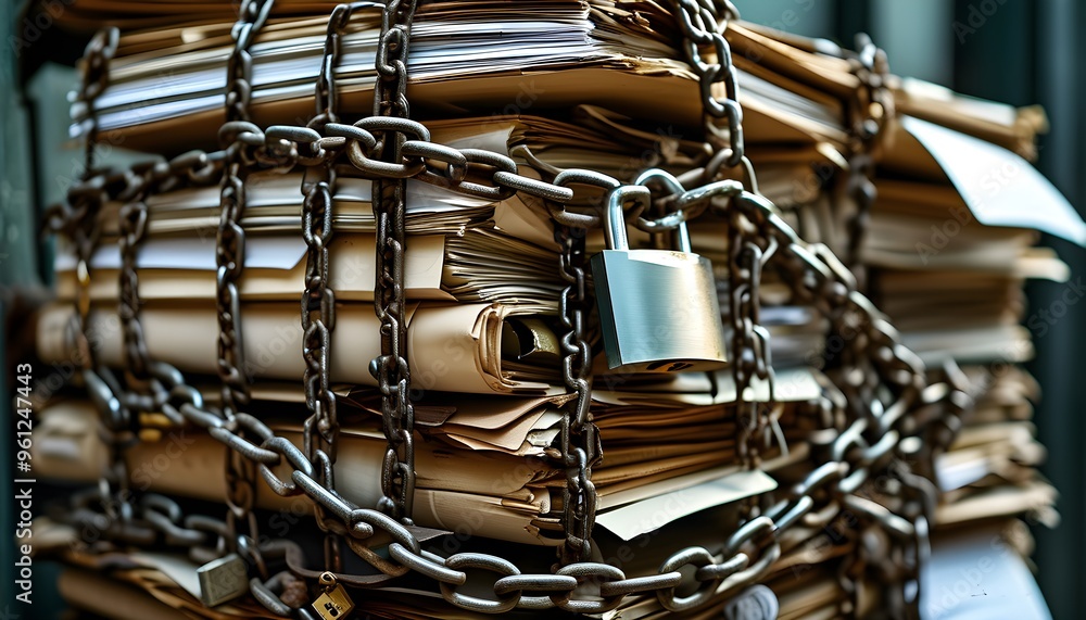 Secured documents bound and locked, symbolizing confidentiality and ...