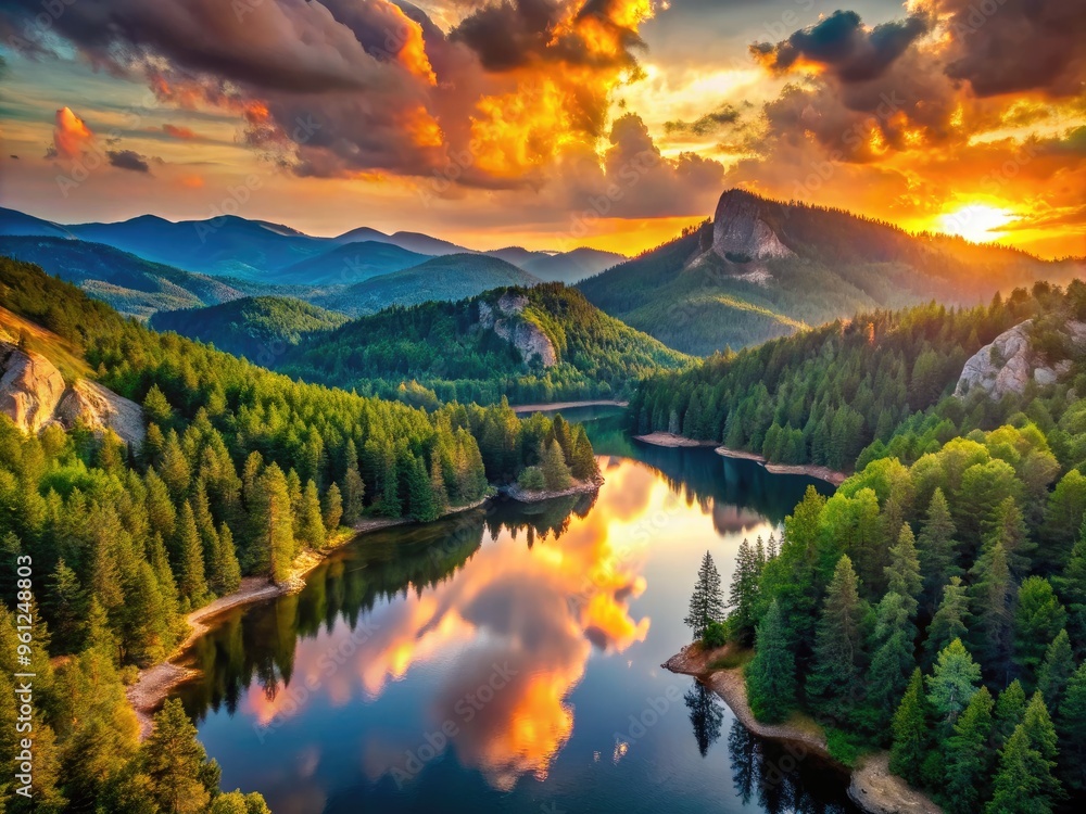 Vibrant sunset illuminates the rugged, forest-covered mountains of ...