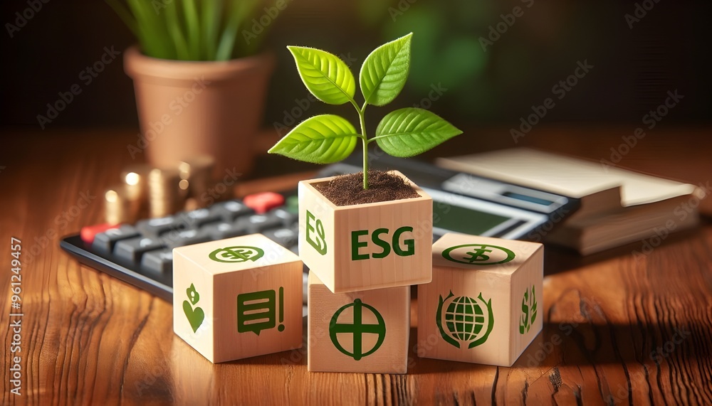 Wooden cubes with ESG icons and green plant symbolizing sustainable ...