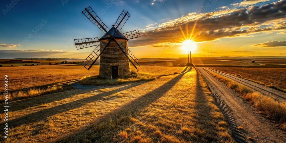 Golden hour windmill portrait with an expansive shadow stretching ...