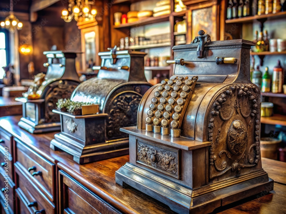 Vintage metal cash registers with ornate details and worn buttons sit ...