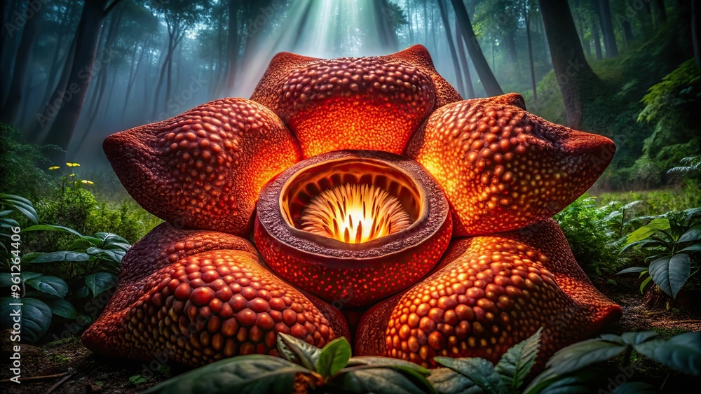 A dramatic, close-up composition of a Rafflesia flower, its massive ...