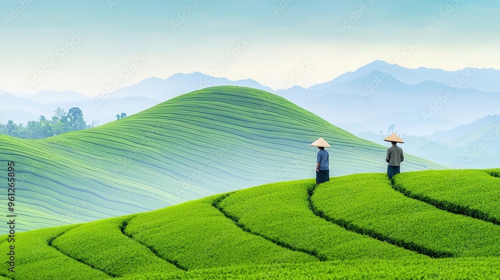 Heritage tea plantation, workers handpicking leaves, soft mist, green ...