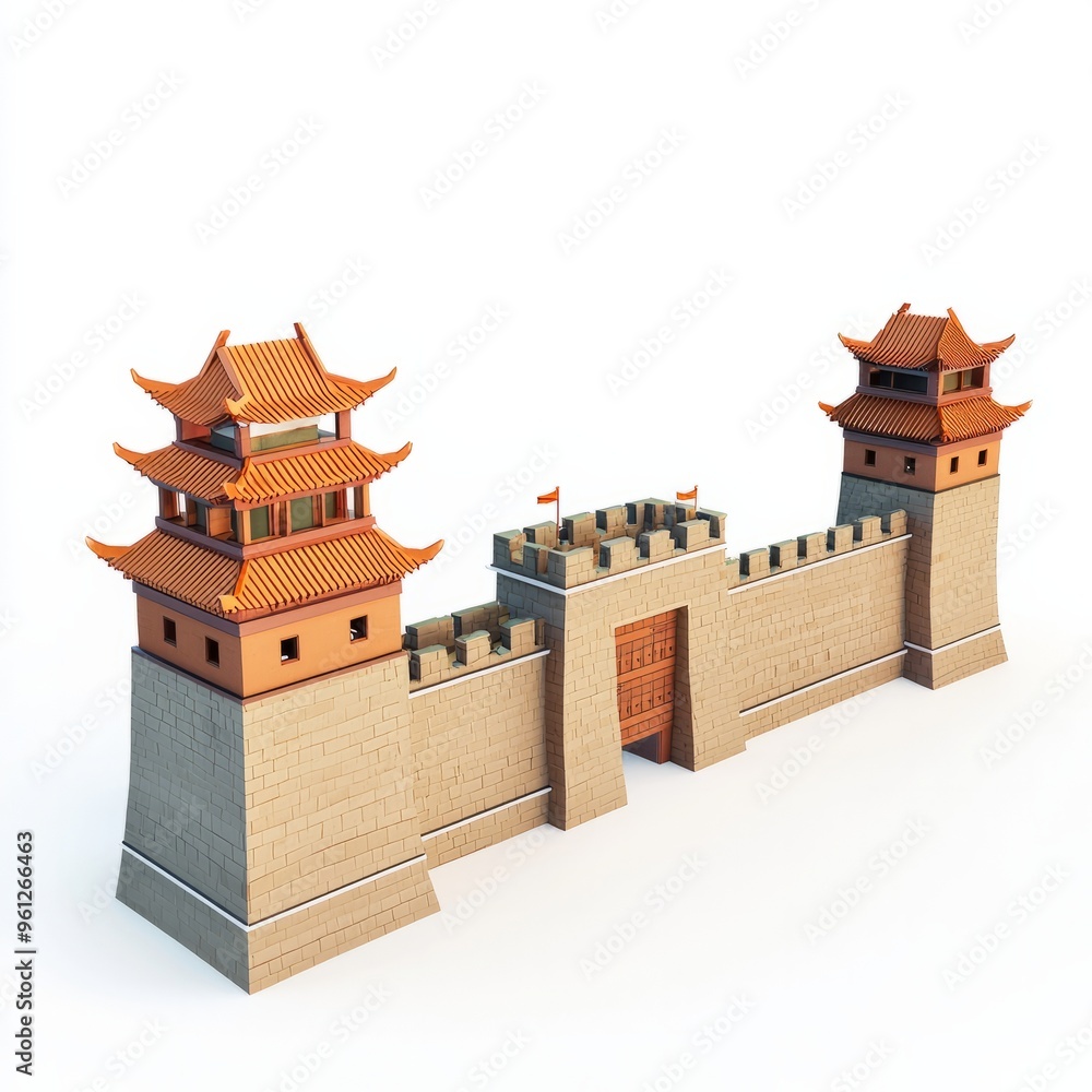 3D Render of a Chinese fortress wall with guard towers and battlements ...