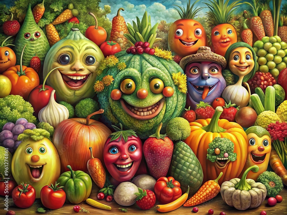 Vibrant illustration of anthropomorphic fruits and vegetables with ...