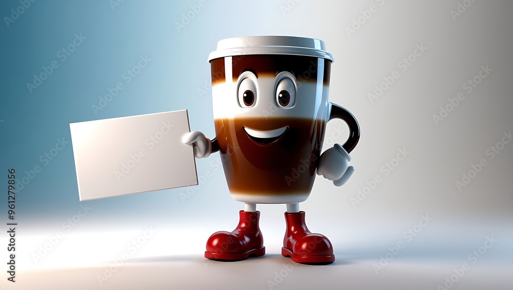 3D animated coffee cup character with a sharp, bright, glossy white ...