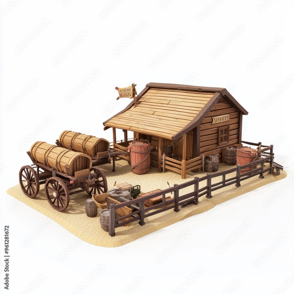 3D Render of a Western livery stable with wagons and saddles, on ...
