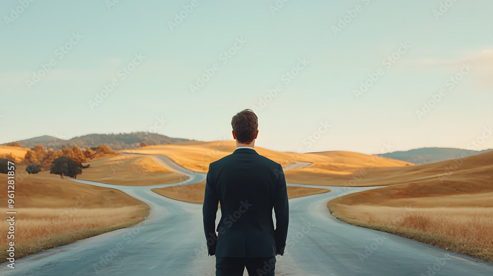 A businessman in a black suit stands at a crossroads in an open ...