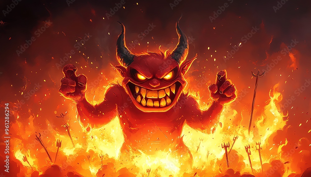 Cartoon devil character with a mischievous grin, making the rock hand ...