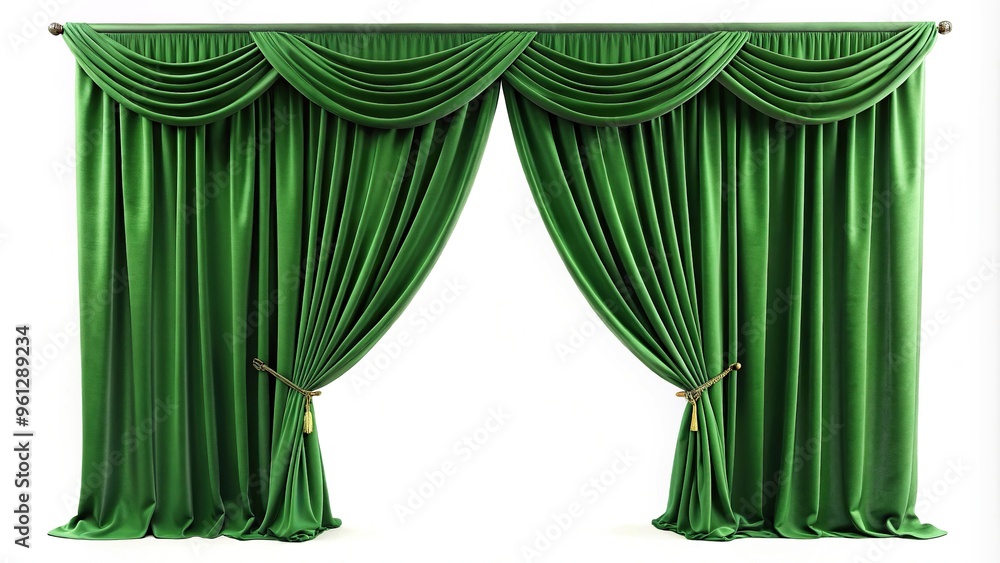 Asymmetrical elegant green velvet curtains isolated on white background ...