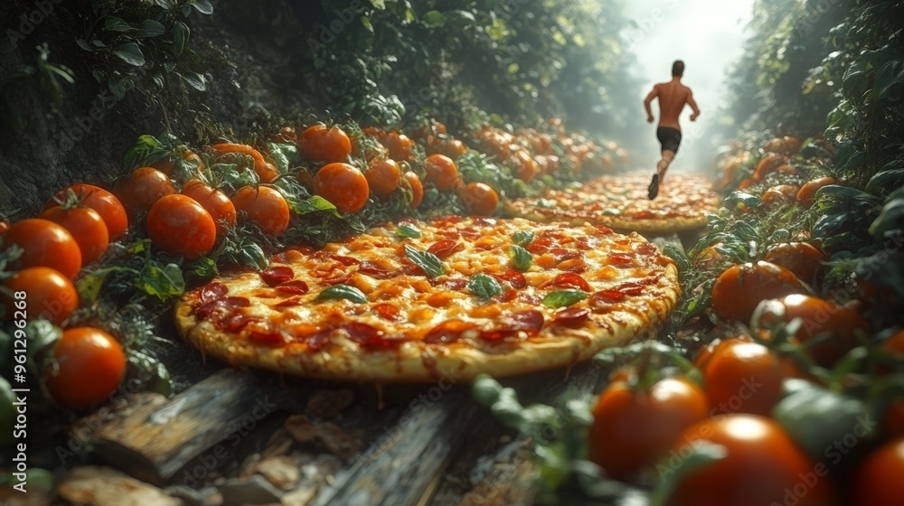 A man running on a giant treadmill made of pizza, while fresh ...