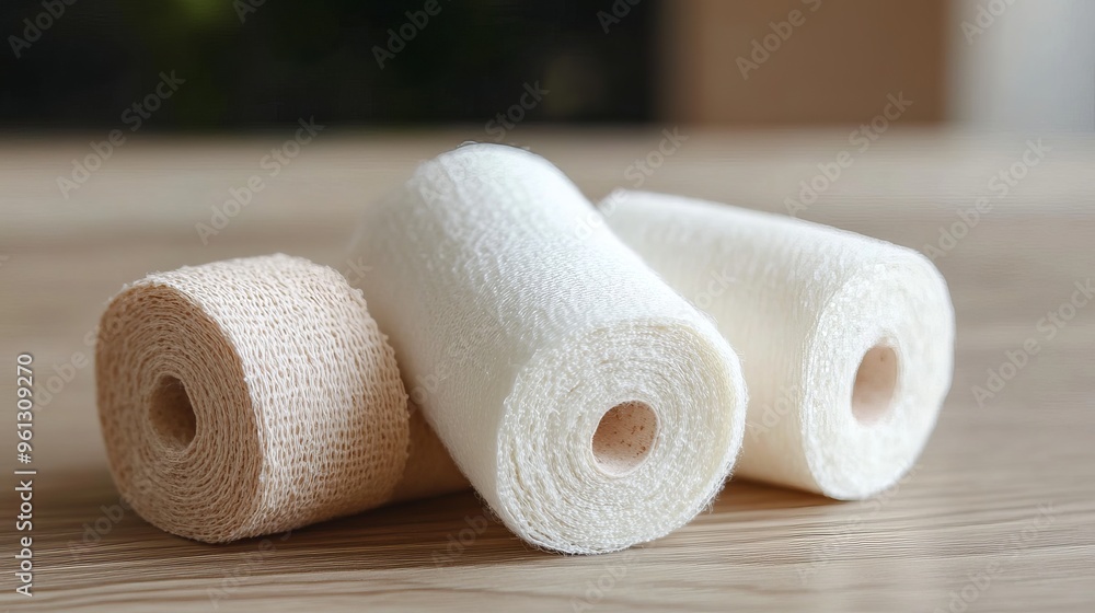 Elastic bandage, gauze roll, and wound dressing included in a first aid ...