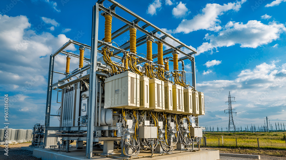 High voltage power transformer at an electric substation with blue sky ...