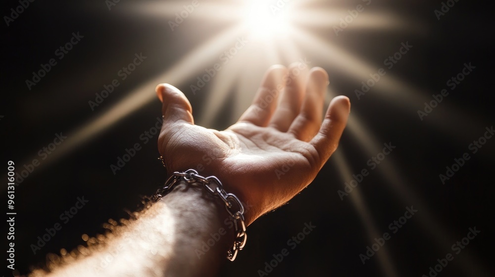 person hand reaching up toward the light, shackles still on their wrist ...