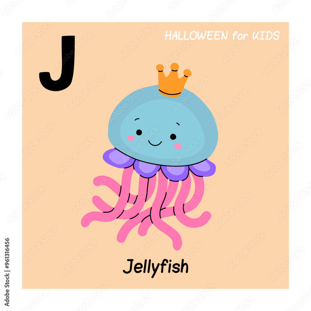 Sea animals alphabet. ABC for children. Letter J. Jellyfish. Kids training manual in a colourful ...
