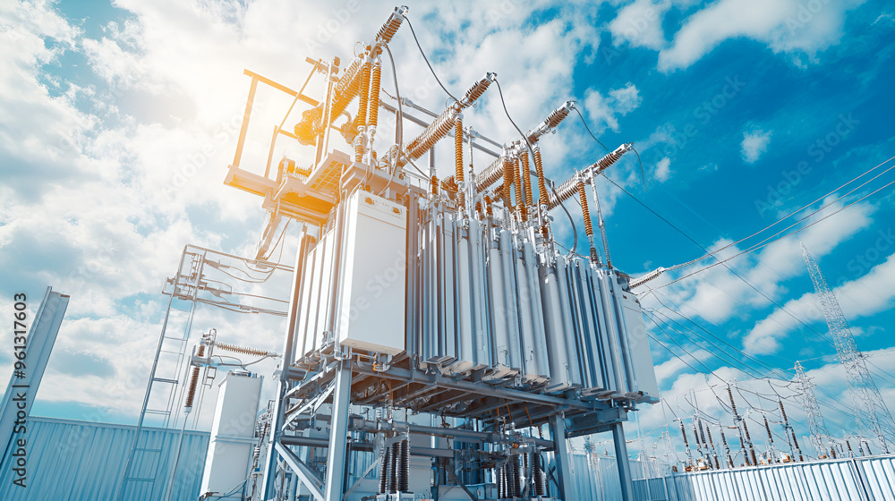 High voltage power transformer at an electric substation with blue sky ...
