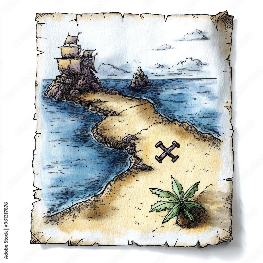 Whimsical Treasure Map Illustration, an enchanting depiction of a ...