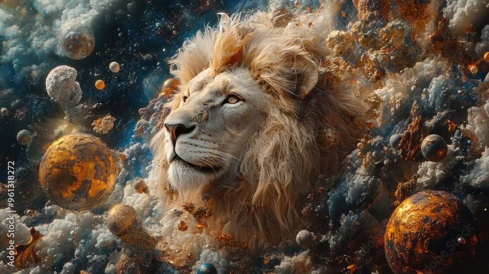 Surreal vision, a lion with surreal elements in a dreamlike scene ...