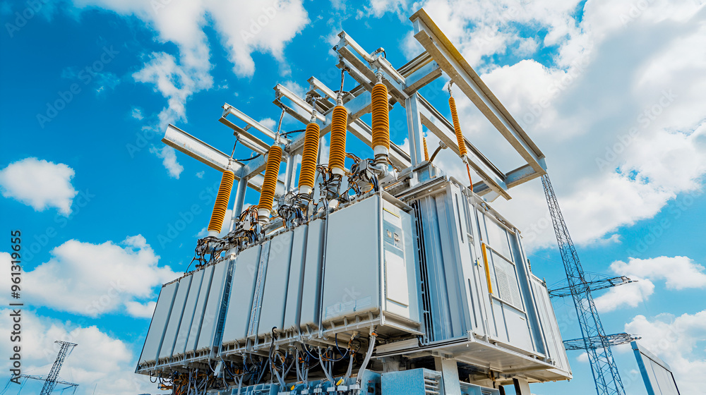 High voltage power transformer at an electric substation with blue sky ...