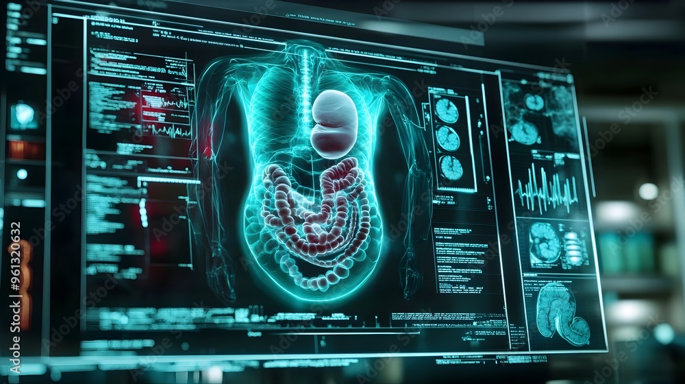 Holographic projection of the detailed digestive system including the ...