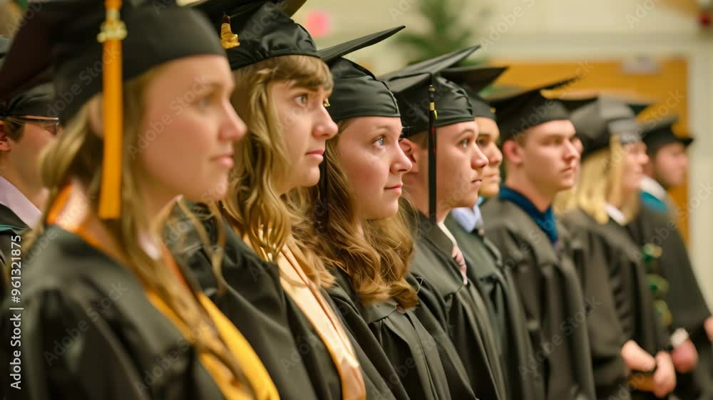 A line of graduates, wearing caps and gowns, waits patiently to receive ...