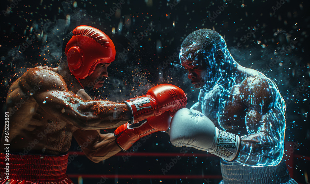 Boxing match between two fighters in a dramatic, illuminated ring. Two ...