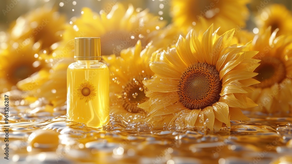 Natural body lotion products photo shoot with sunflowers, realistic ...