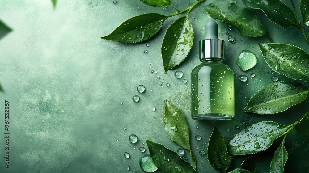 Natural face serum products photo shoot with green tea leaves ...