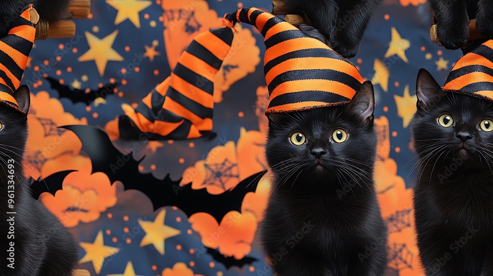 Black cats with orange and black striped witch hats in a playful ...
